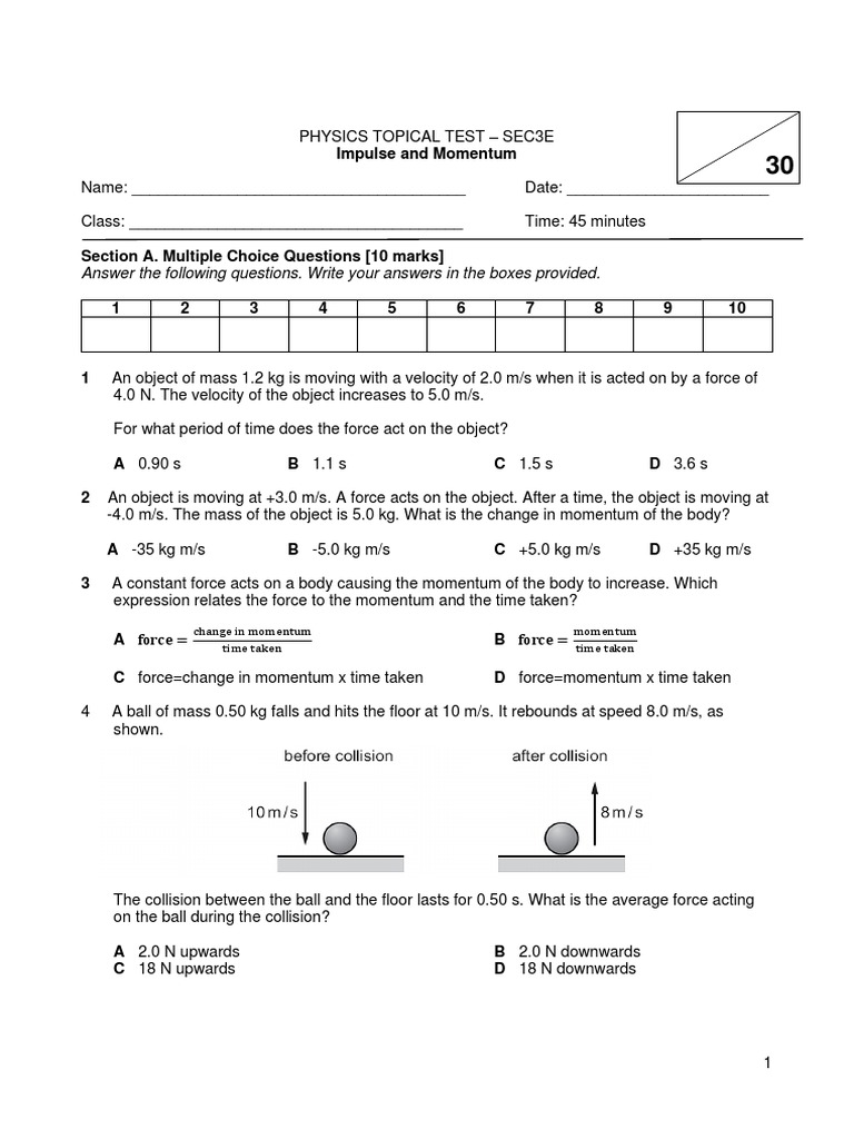 PRACTICE PAPER Impulse and Momentum | PDF
