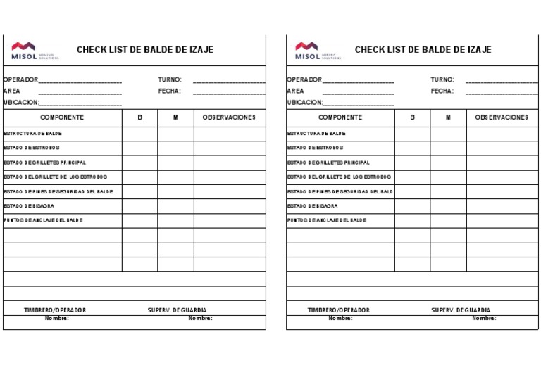 Check List de Balde de Izaje | PDF