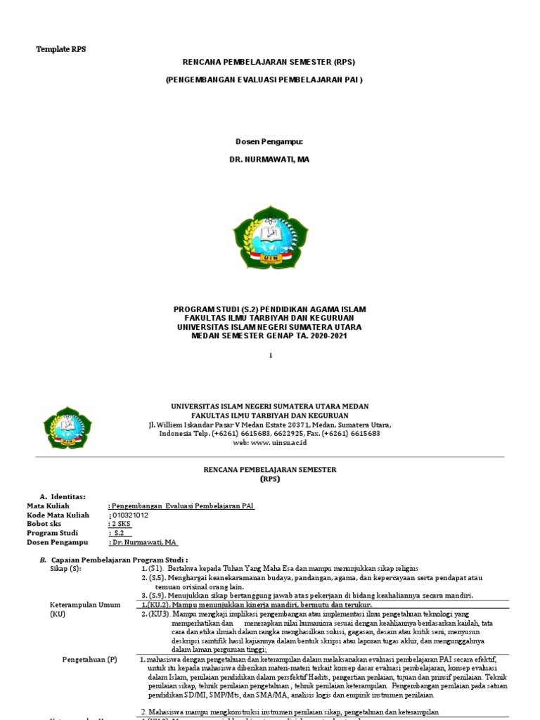 Rps Evaluasi Pembelajaran Sem II s2 Pai Nurmawati | PDF