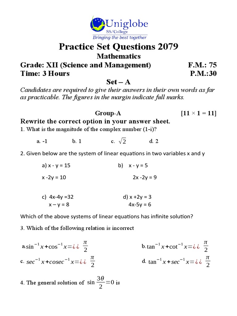Practice Set 2079 For Pre - Board Math Set A | PDF