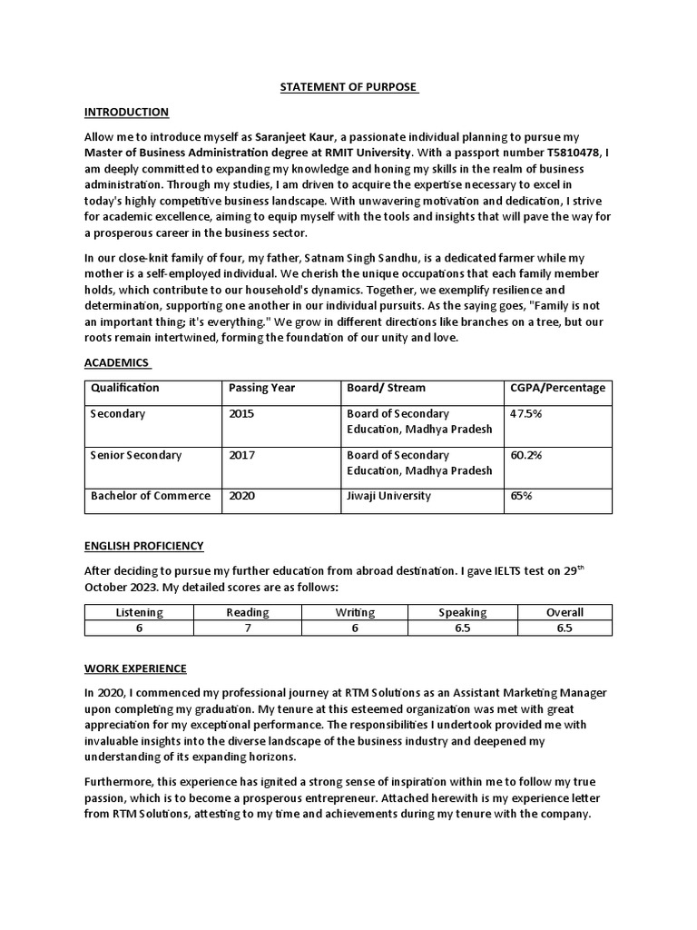 Statement of Purpose Master of Business Administration Degree at RMIT ...
