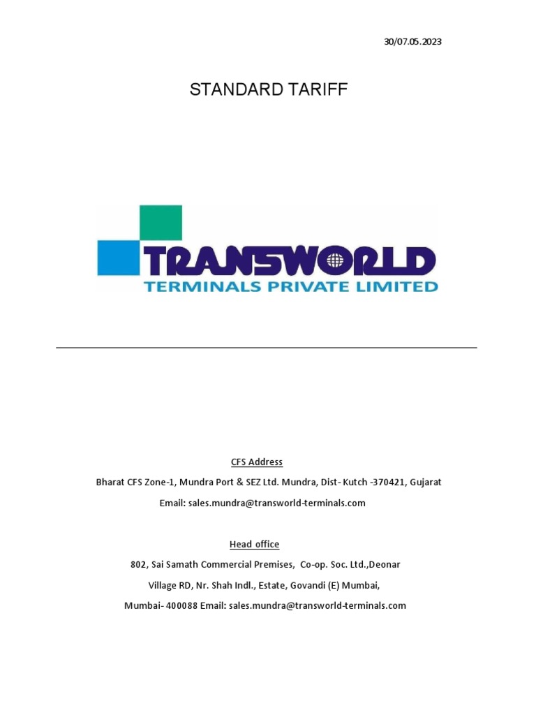 Standard Tariff for CFS Services | PDF