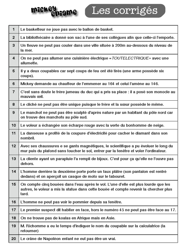 Réponses Énigmes Mickey Ce2 | PDF