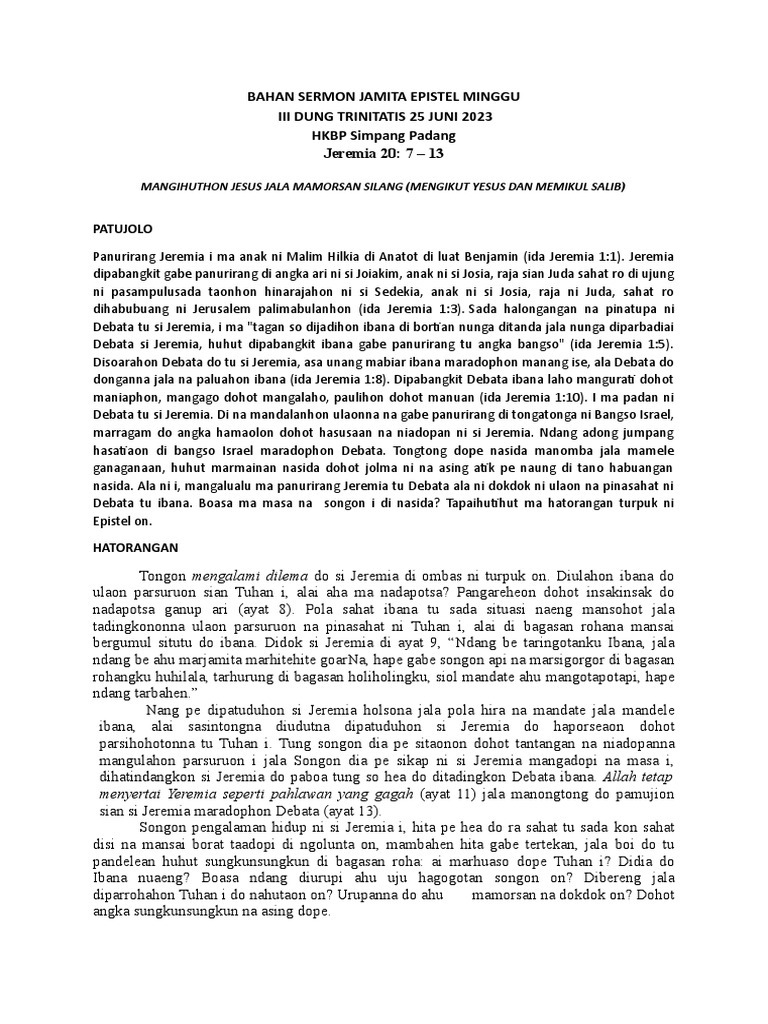 Bahan Sermon Jamita Epistel Minggu Iii Dung Trinitatis 25 Juni 2023 HKBP Simpang Padang Jeremia ...
