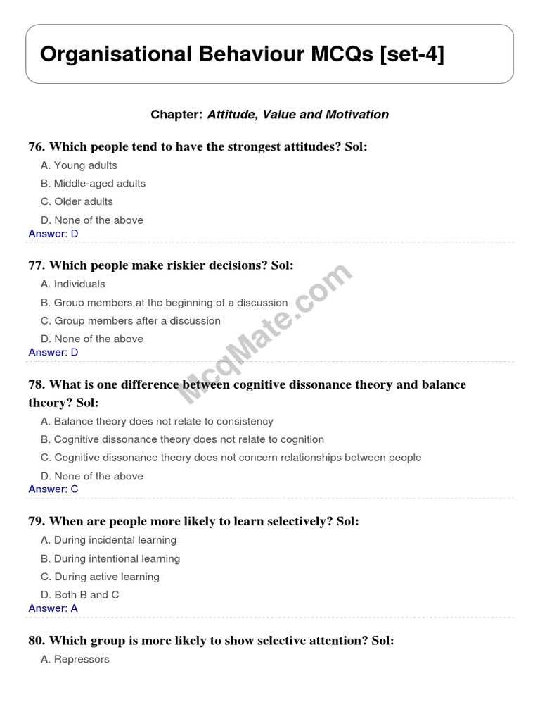 Organisational Behaviour Solved MCQs (Set-4) | PDF | Psychological Theories | Cognition