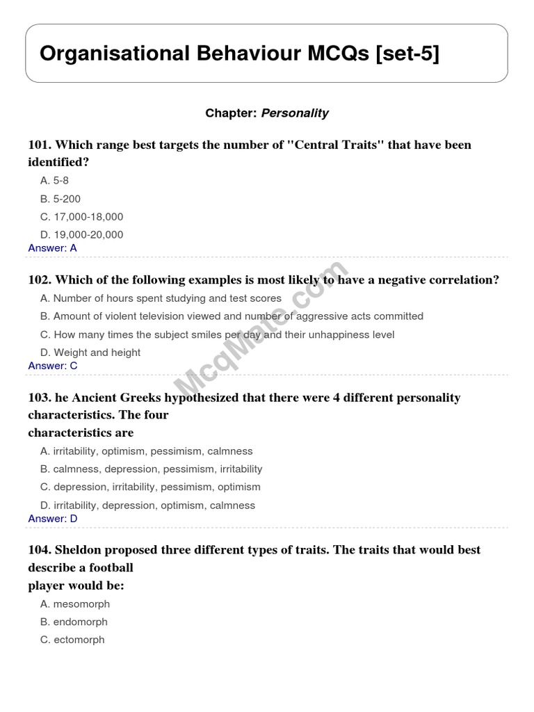 Organisational Behaviour Solved MCQs (Set-5) | PDF | Psychology | Personality Psychology