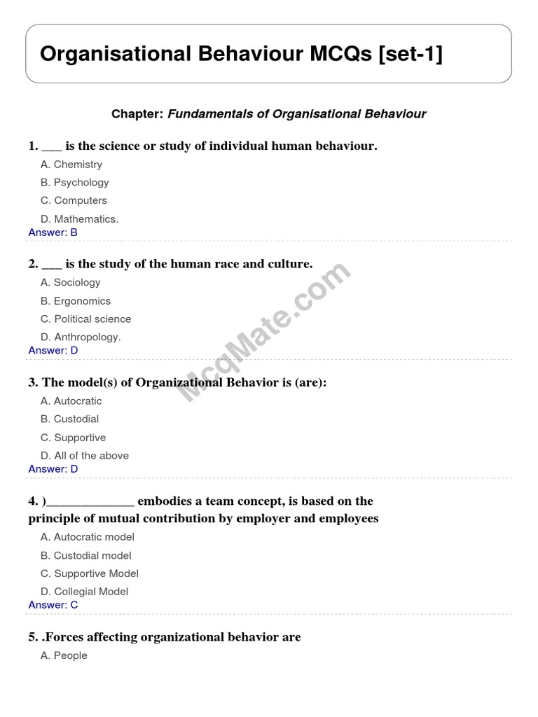 Organisational Behaviour Solved MCQs (Set-1) | PDF | Organizational ...