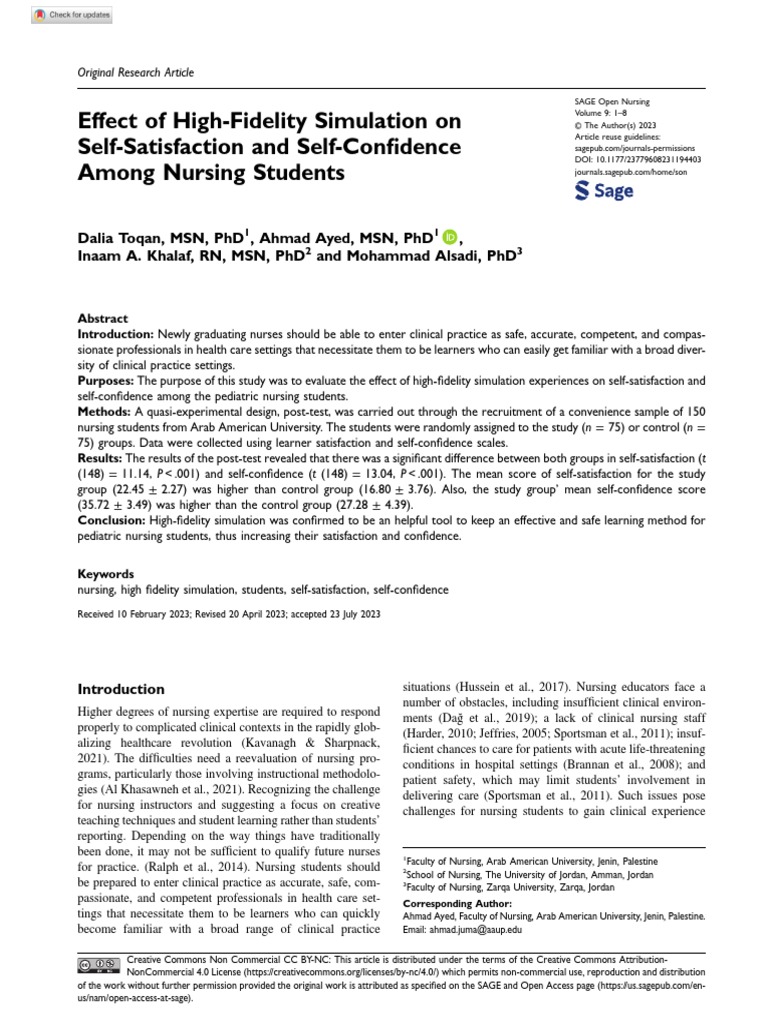 Effect Of High Fidelity Simulation On Self Satisfaction And Self