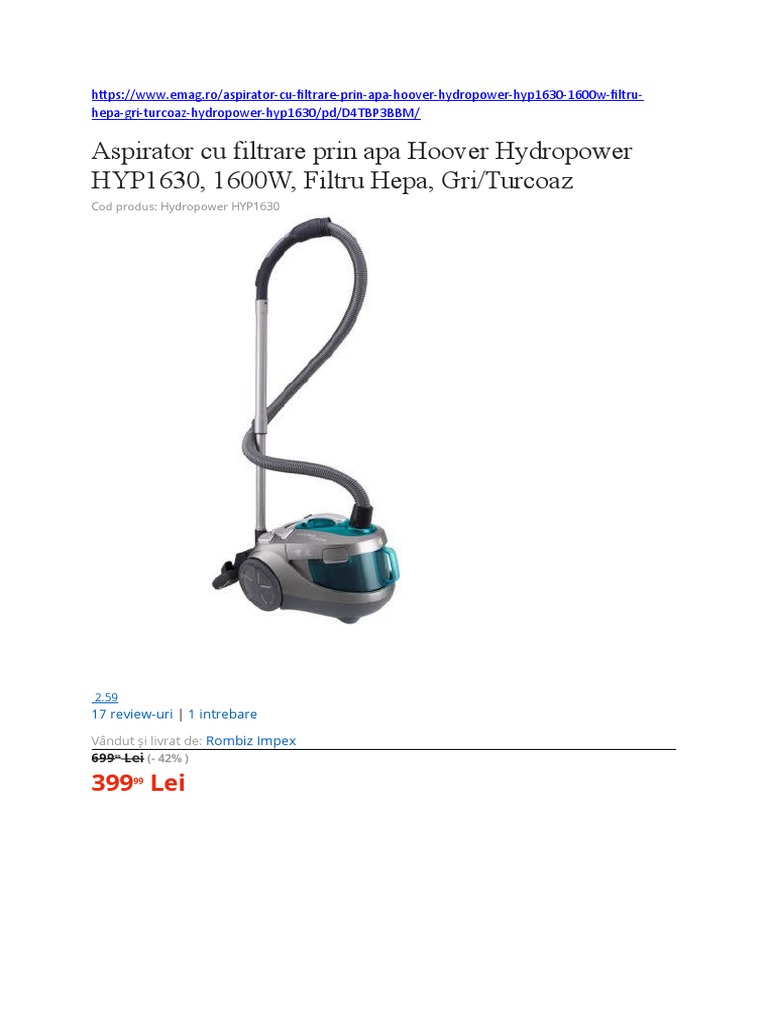Aspirator Cu Filtrare Prin Apa Hoover Hydropower HYP1630 | PDF