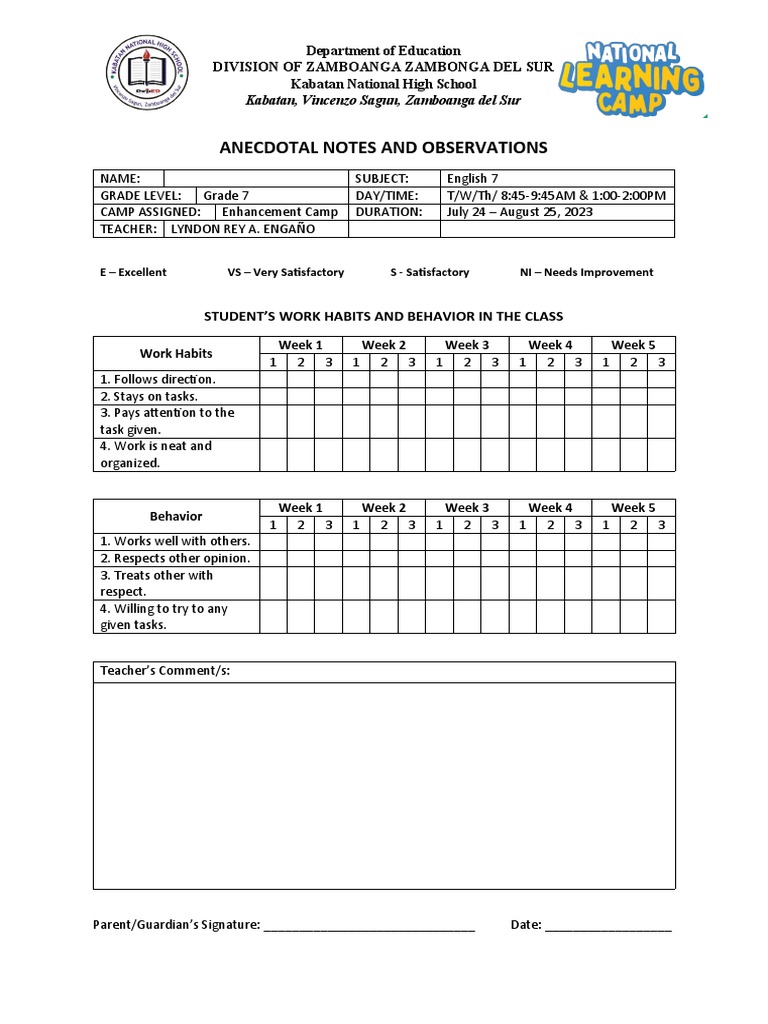 Anecdotal Notes and Observations | PDF