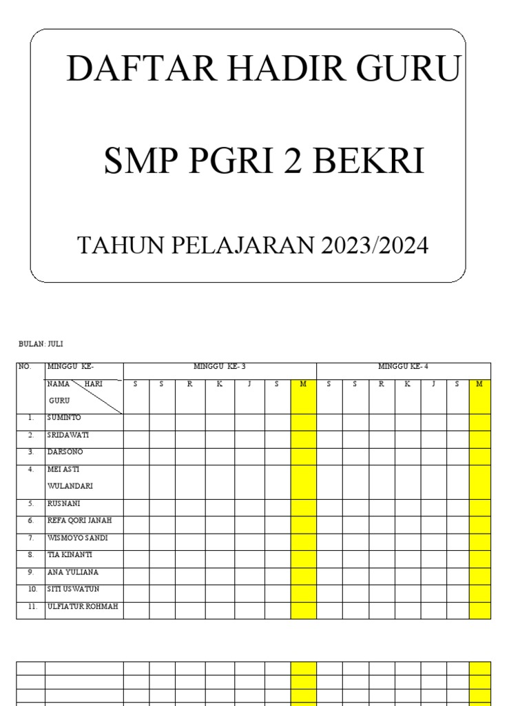 Daftar Hadir Guru SMP | PDF