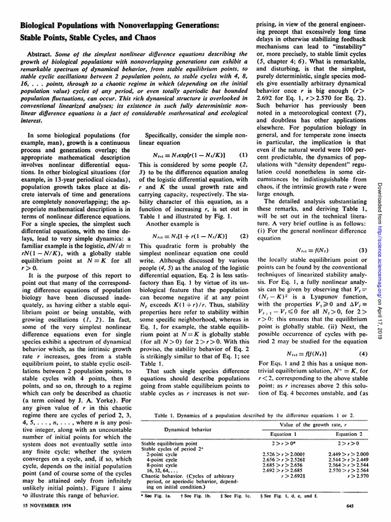 1974 May Complex Dynamics in Nonoverlapping Generations | PDF