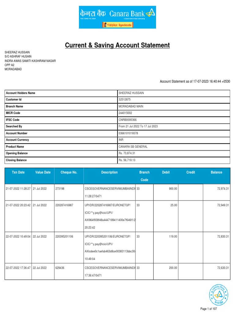 Current & Saving Account Statement: Sheeraz Hussain S/O Ashraf Husain ...