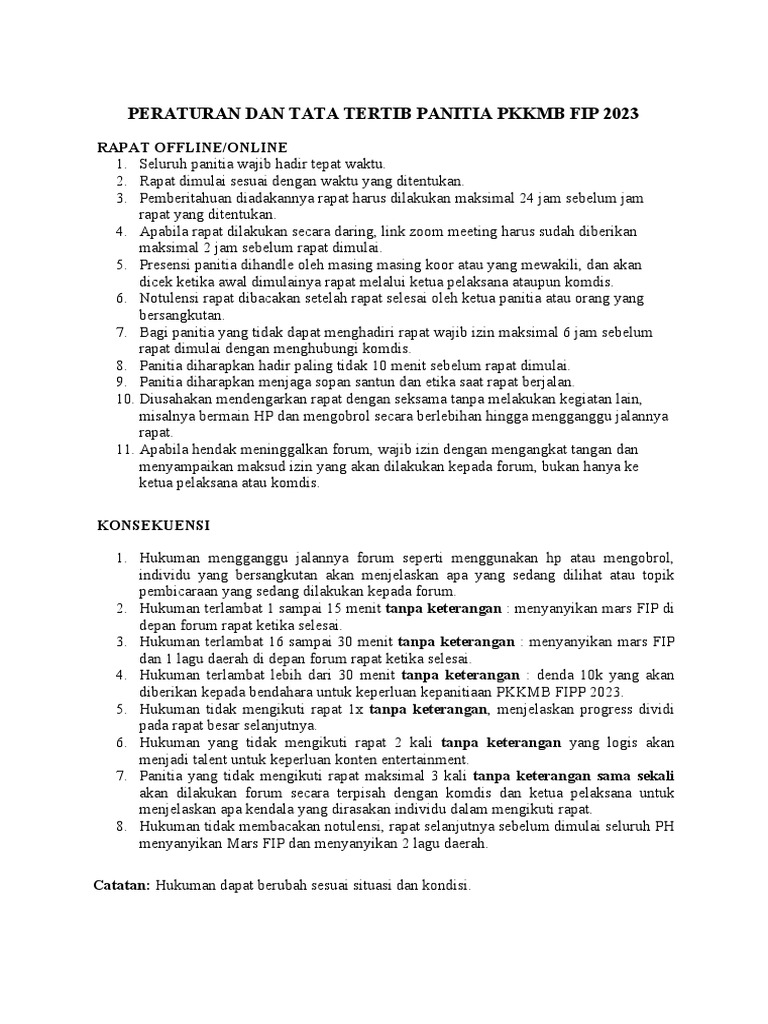Peraturan Panitia Dan Absensi PKKMB FIPP 2023 | PDF | Hukum
