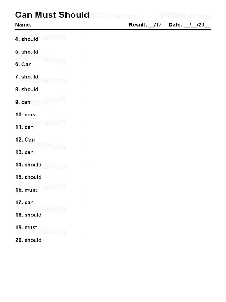 Grammarism Can Must Should Test 1 Answers 2959764 | PDF