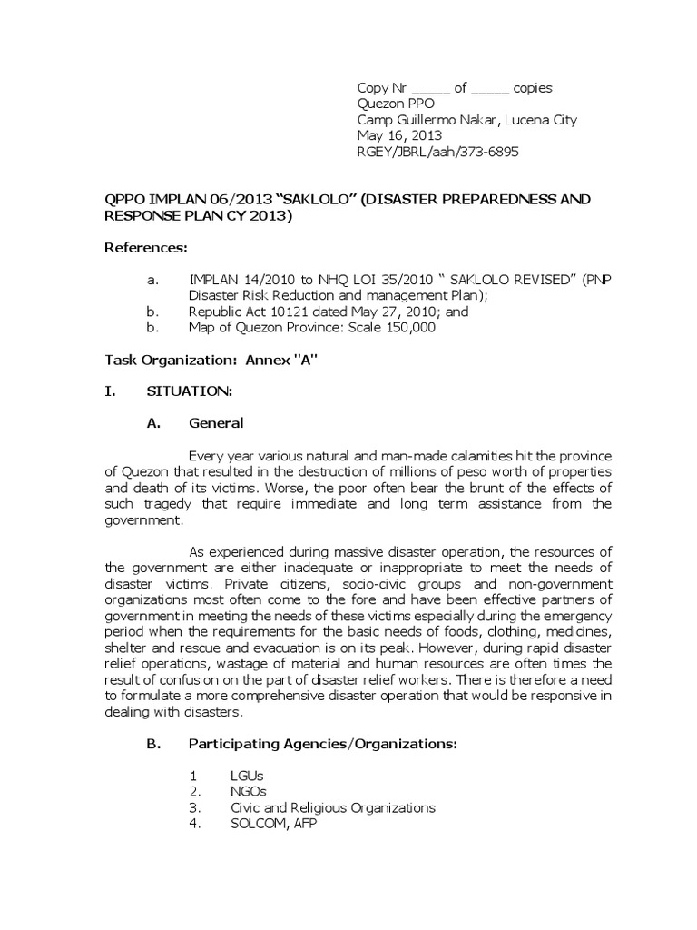 OPLAN SAKLOLO-Disaster Preparedness & Rescue Operation-CY 2013-FINAL ...