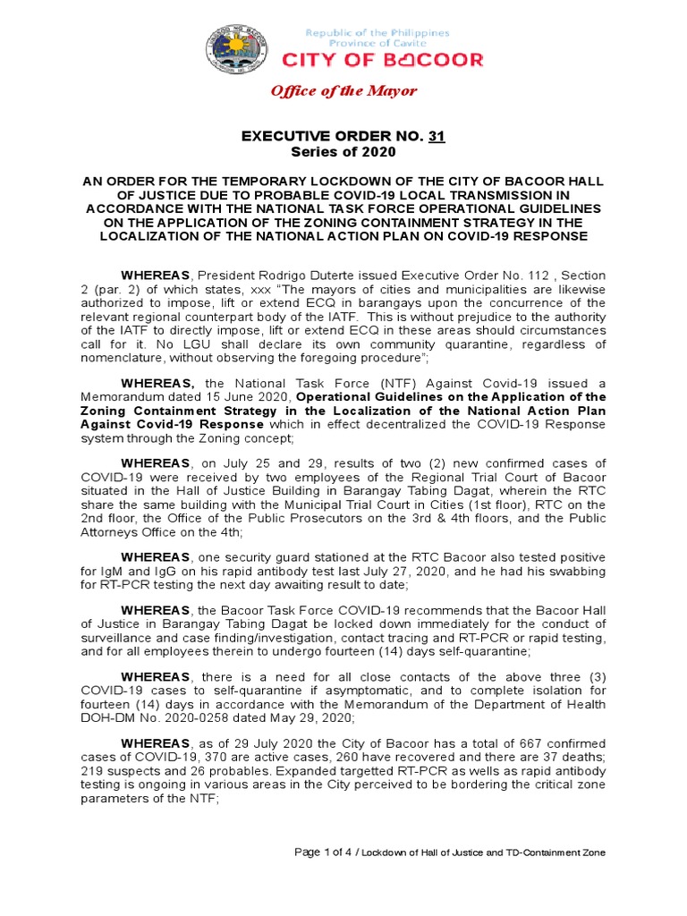 EO 31 Lockdown of HOJ and Tabing Dagat Containment Zone area | PDF