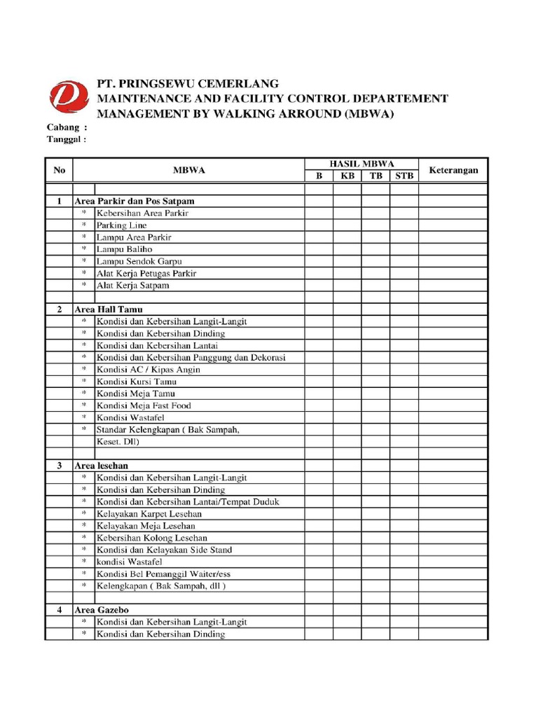 Contoh Maintenance Checklis Form | PDF