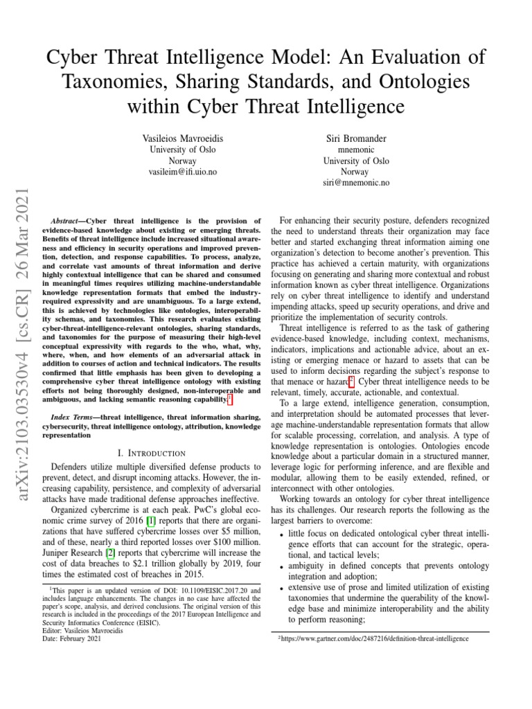 Cyber Threat Intelligence Model: An Evaluation of Taxonomies, Sharing ...