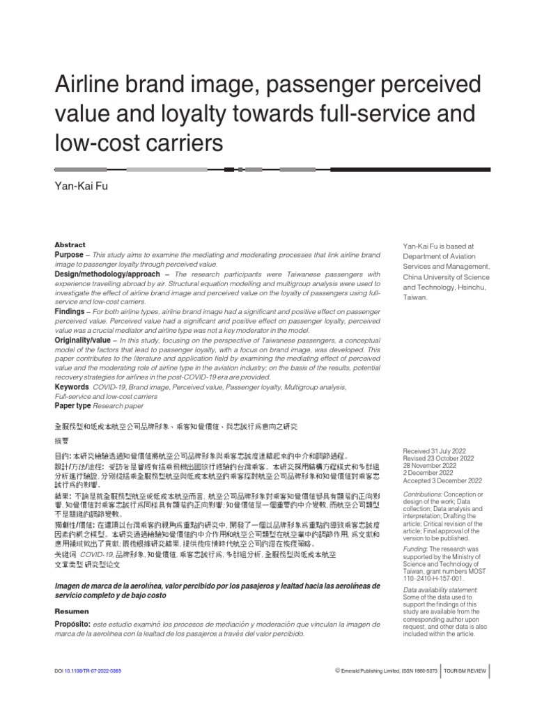 Airline Brand Image, Passenger Perceived Value and Loyalty Towards Full ...