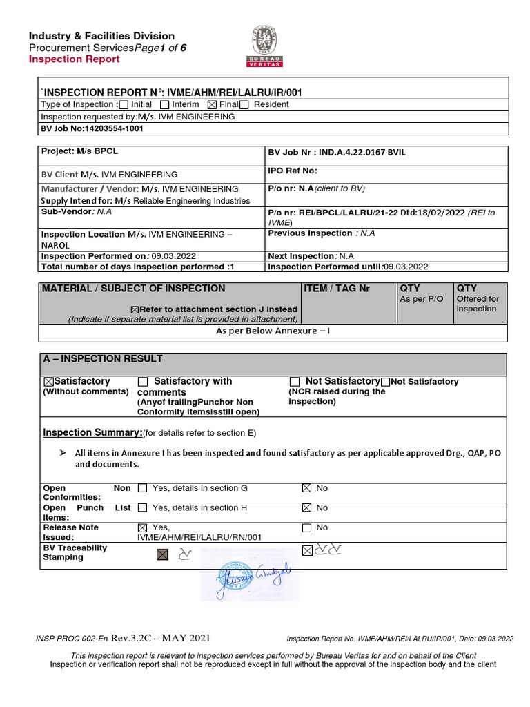 Inspection Report, Release Note & Supporting Nabl Lab TC For HPCL ...