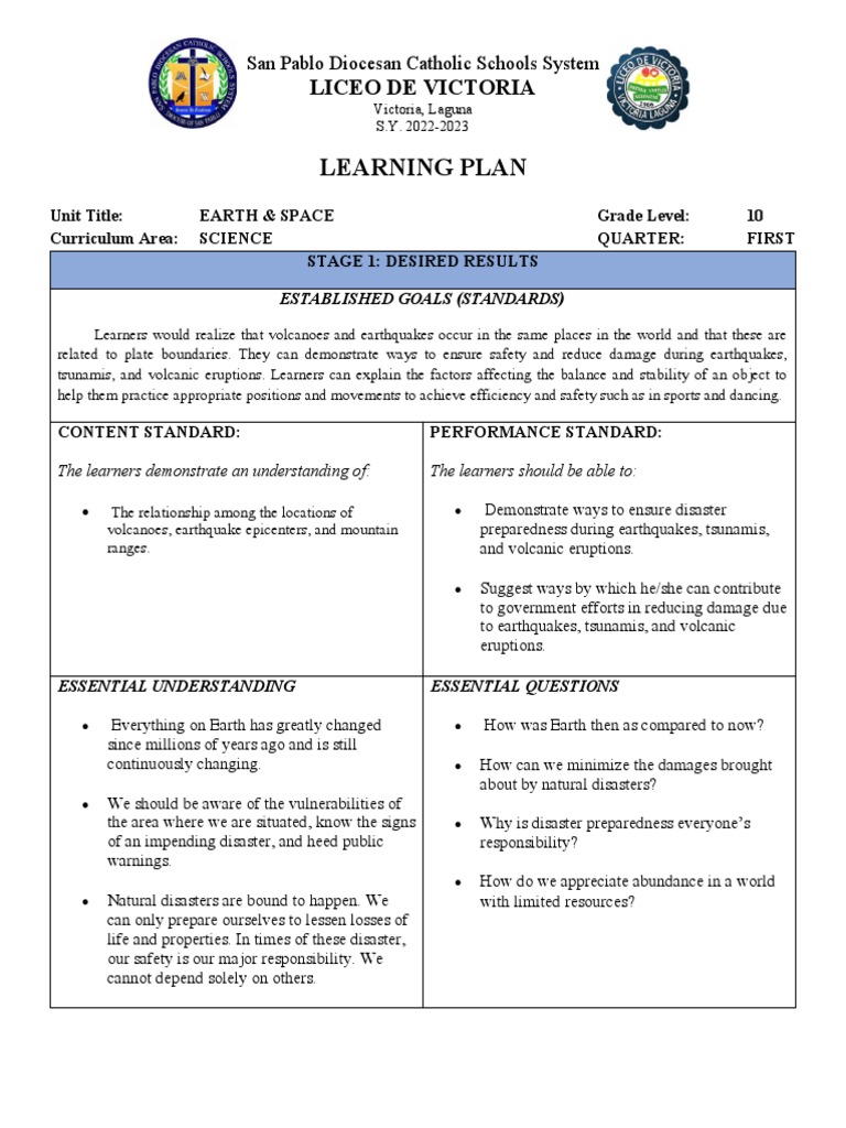 LEARNING PLAN SCIENCE 10-Q1 | PDF | Plate Tectonics | Earthquakes