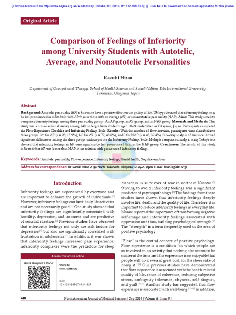 Comparison of Feelings of Inferiority Autotelic Personality | PDF