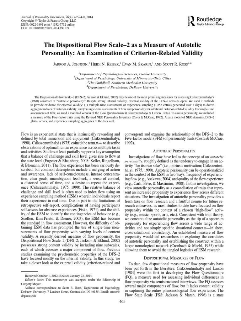 The Dispositional Flow Scale-2 As A Measure of Autotelic Personality | PDF | Flow (Psychology ...