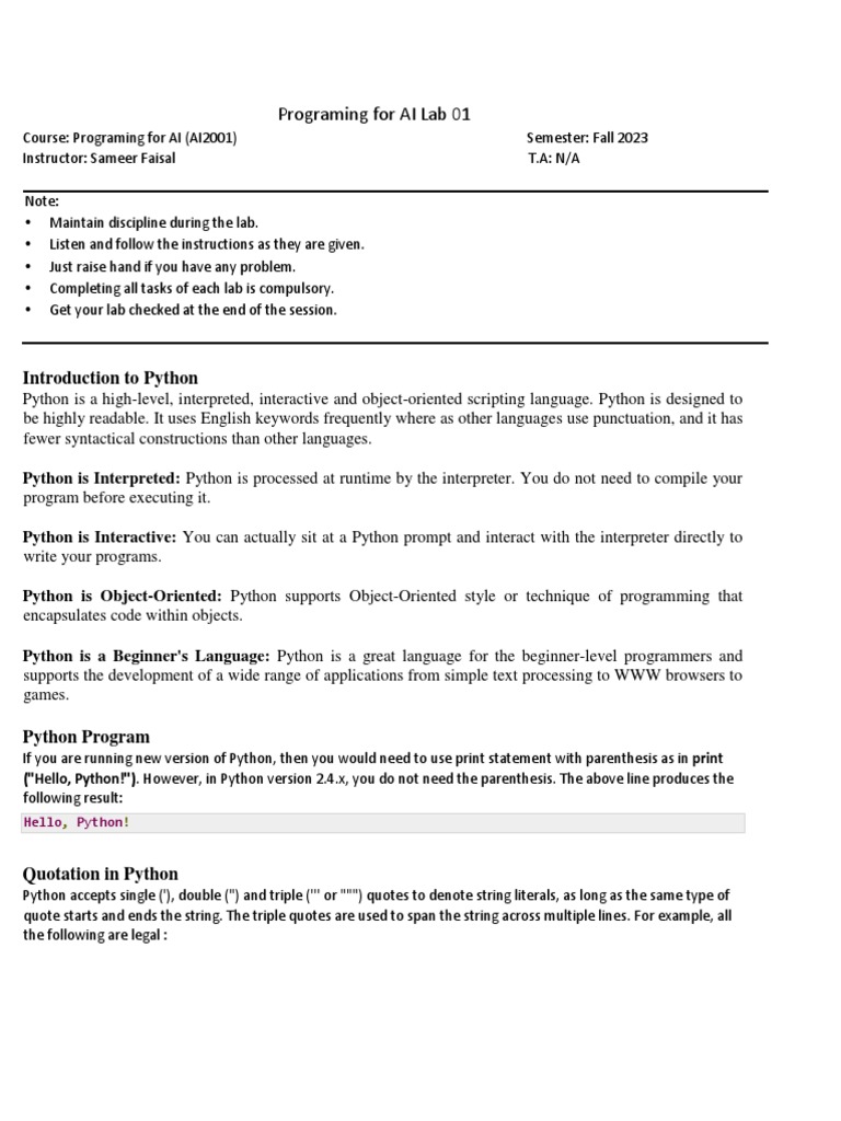 Lab1 - Introduction To Python | PDF | Python (Programming Language ... Lab1 - Introduction To Python | PDF | Python (Programming Language ...