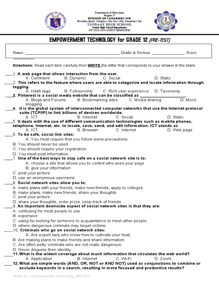 Grade 12 Empowerment Tech Pre-Test | PDF | Art