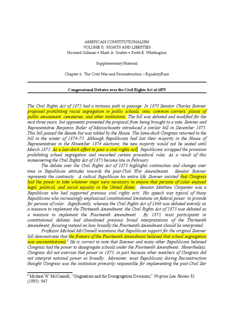 Congressional Debates over the Civil Rights Act of 1875 GGW excerpts ...