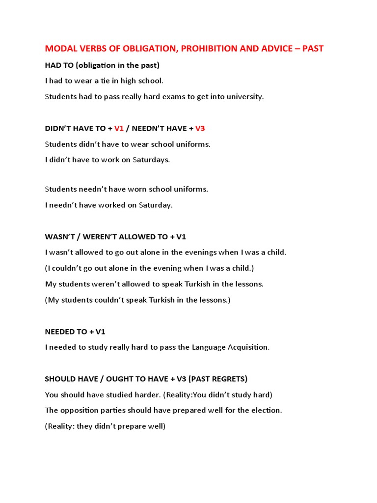 MODAL VERBS OF OBLIGATION (Past) | PDF