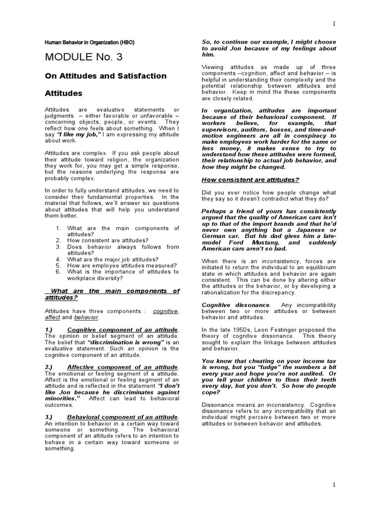 HBO Module No. 3 | PDF | Attitude (Psychology) | Job Satisfaction