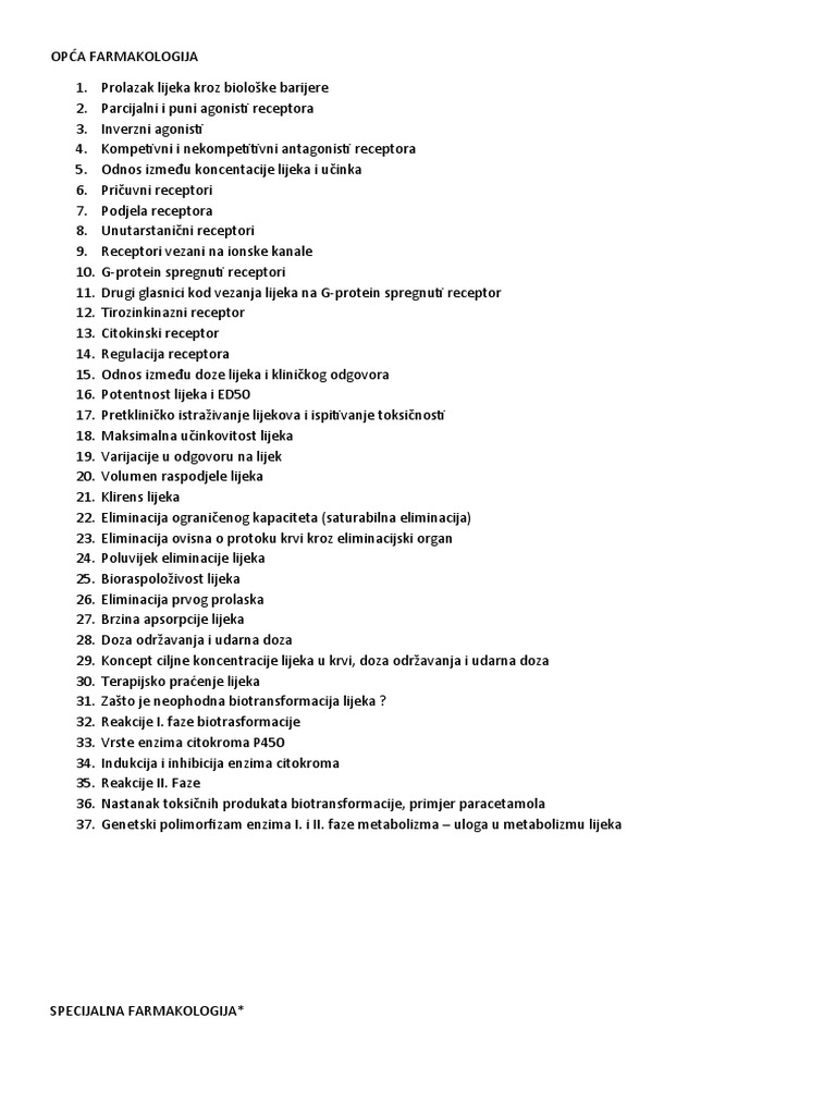 Pitanja Za Usmeni 2023 Farmakologija | PDF
