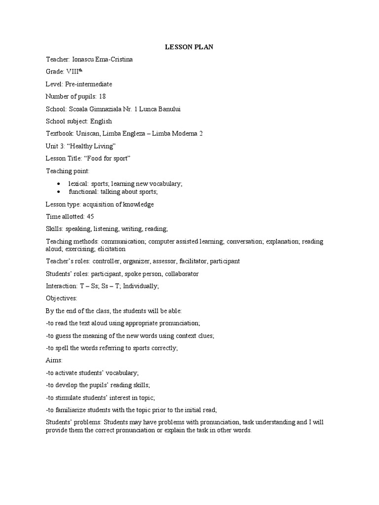 Lesson Plan Healthy Living 8th Grade | PDF | Vocabulary | Teaching Method