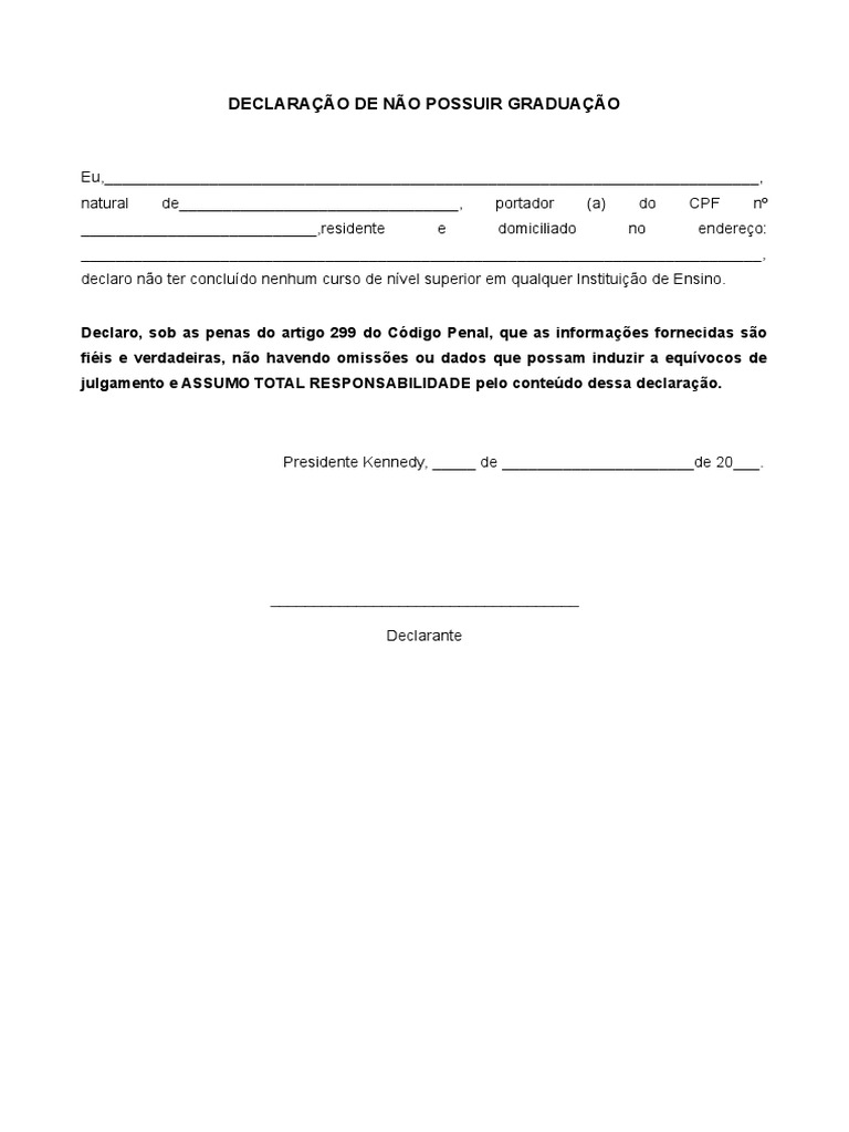 07 Declaracao de Nao Possuir Graduacao | PDF 07 Declaracao de Nao Possuir Graduacao | PDF