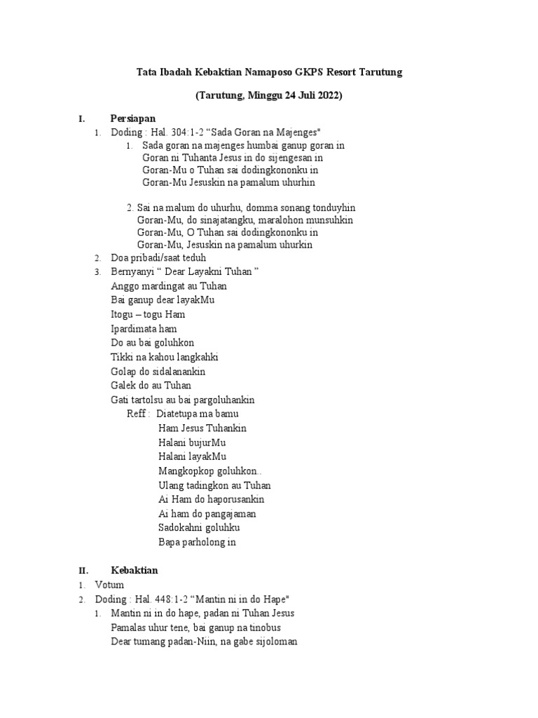 Tata Ibadah Kebaktian Namaposo GKPS Resort Tarutung-1-1 | PDF