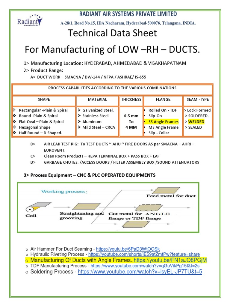 Technical Data Sheet - Manufacturing of WELDED Exhaust Ducts & LOW RH Ducts. | PDF