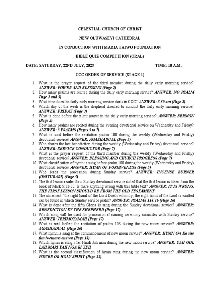 Bible Quiz Order of Service Questions | PDF | Psalms | Hymns