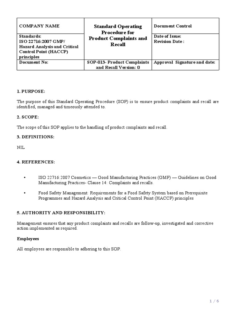 08 GMP SOP 013 Product Complaints and Recall | PDF