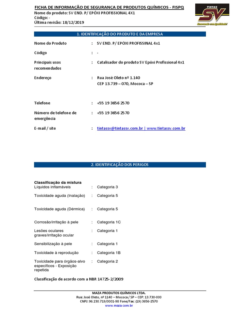FISPQ: SV Epóxi Profissional 4x1 | PDF