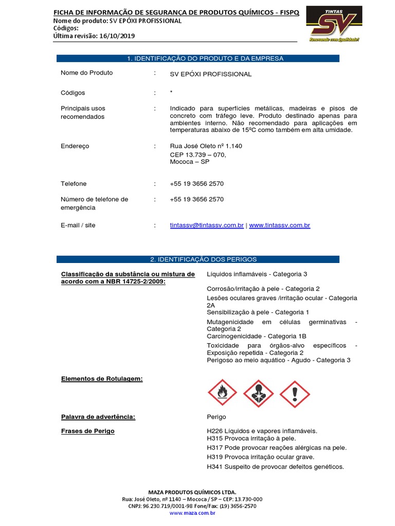 FISPQ SV Epóxi Profissional | PDF | Epóxi | Química