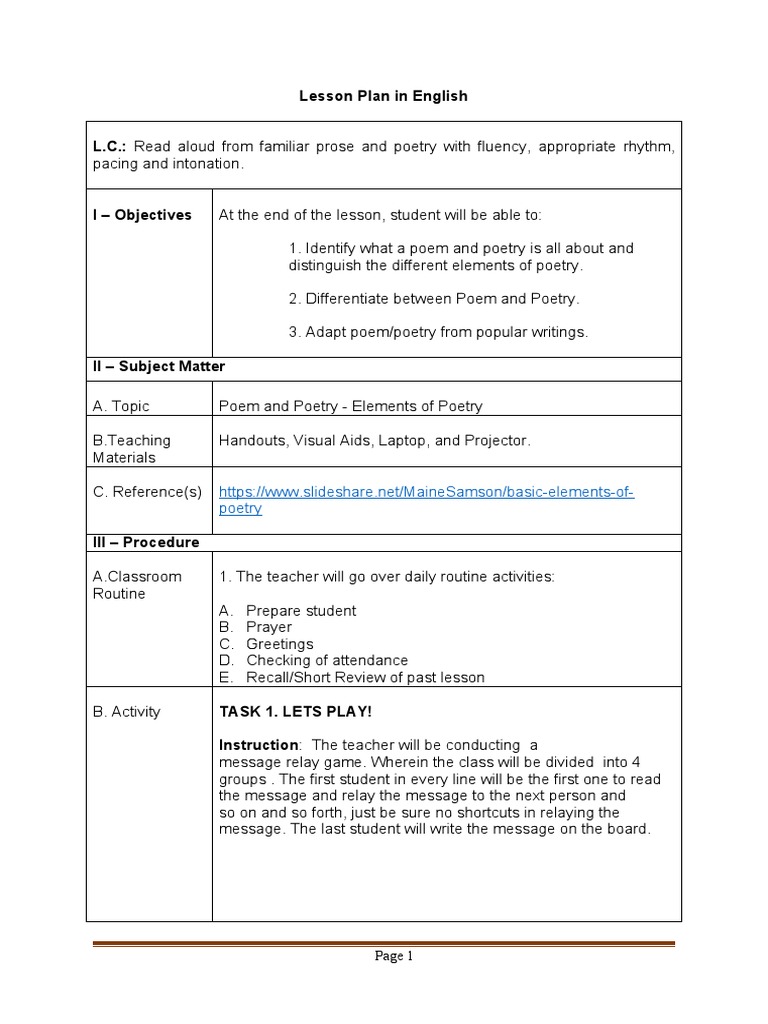 Elements of Poetry Lesson Plan | PDF | Poetry | Metre (Poetry)