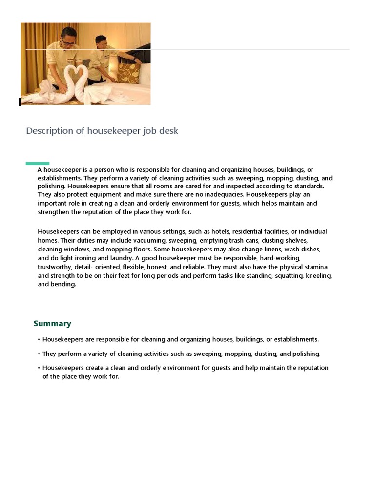 Housekeeper Job Description Guide | PDF | Housekeeping | Cleaning