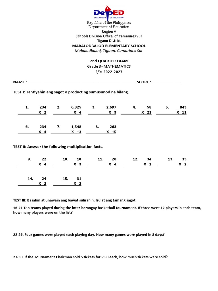 2nd Periodical Test Math | PDF