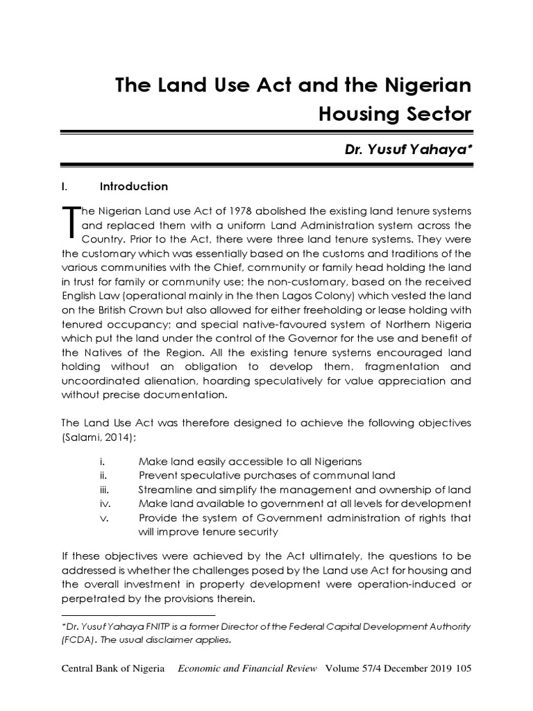 The Land Use Act and The Housing Sector in Nigeria | PDF