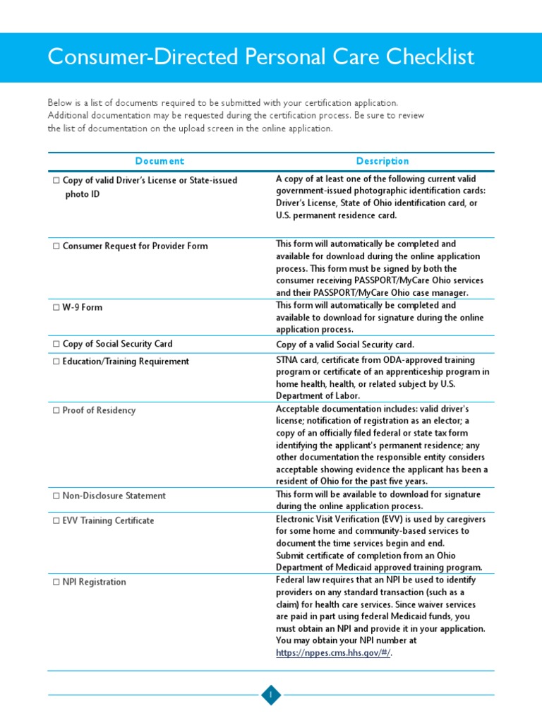 Consumer Directed Peronal Care Checklist | PDF