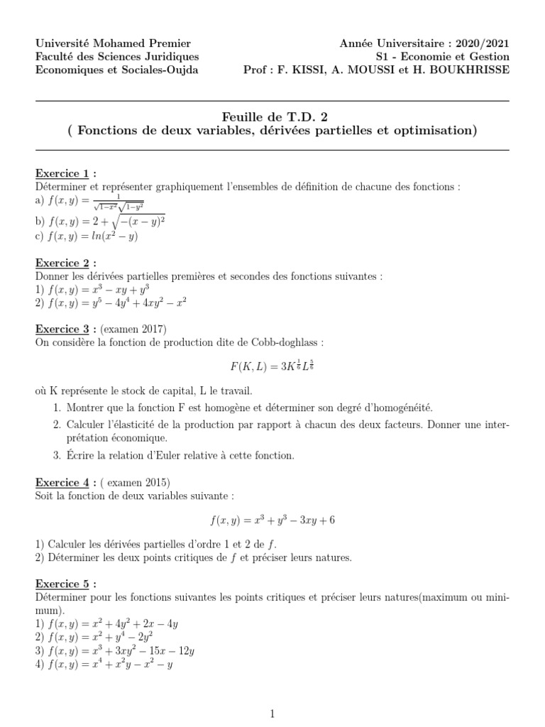 Feuille de T.D. 2 (Fonctions de Deux Variables, Dérivées Partielles Et Optimisation) | PDF