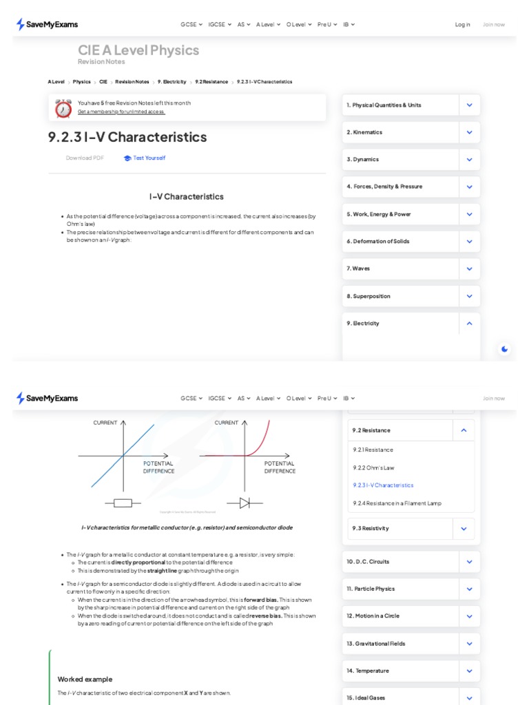 I-V Characteristics (9.2.3) - CIE A Level Physics Revision Notes | PDF