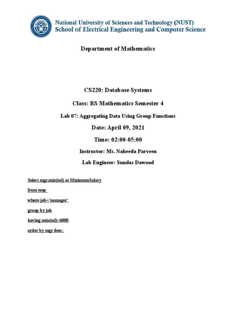 Lab 07 Pdf Databases Relational Model 3354